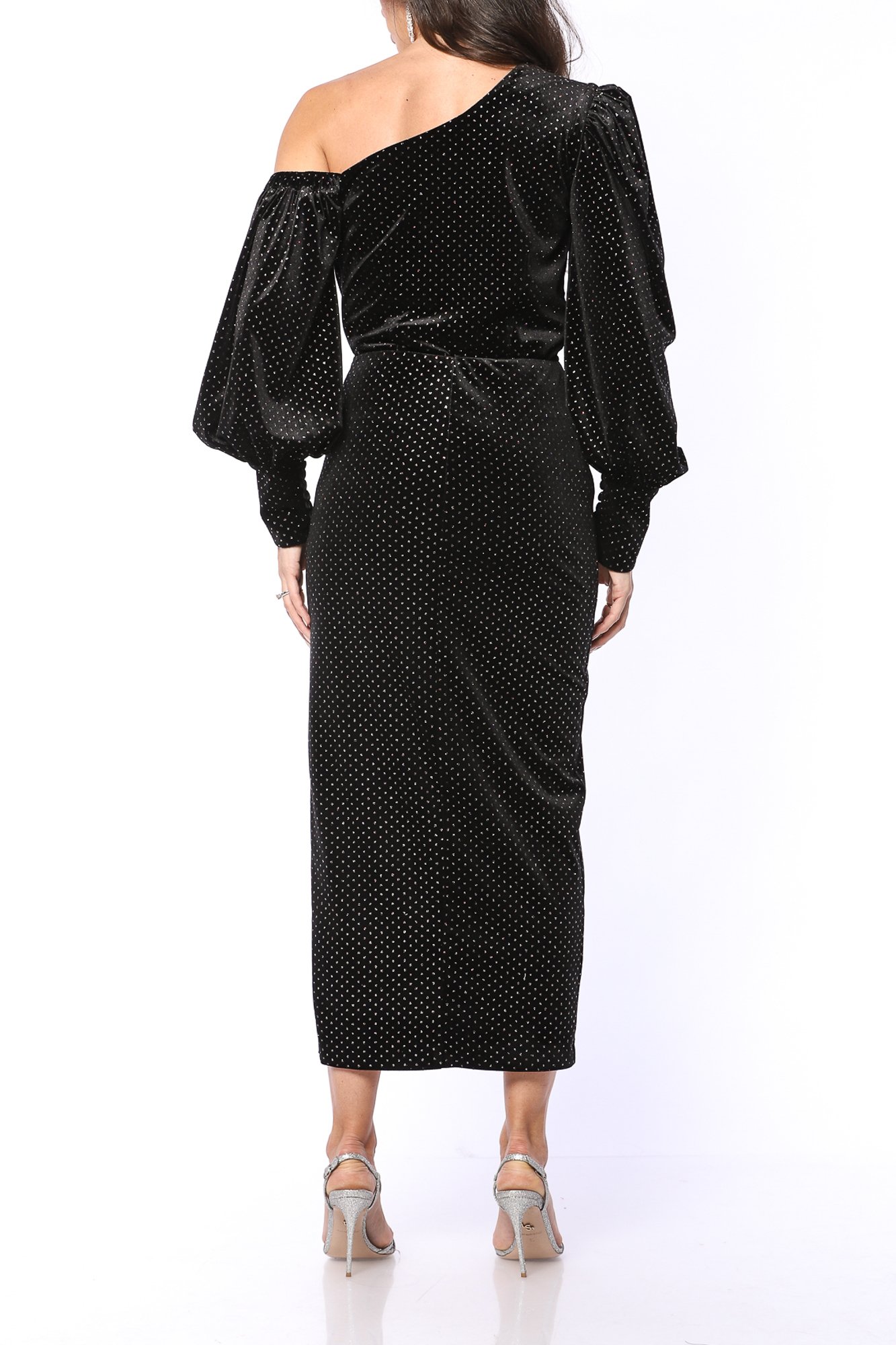 TGH ONE SHOULDER VELVET GLITTER MIDI DRESS | TGH Fashion